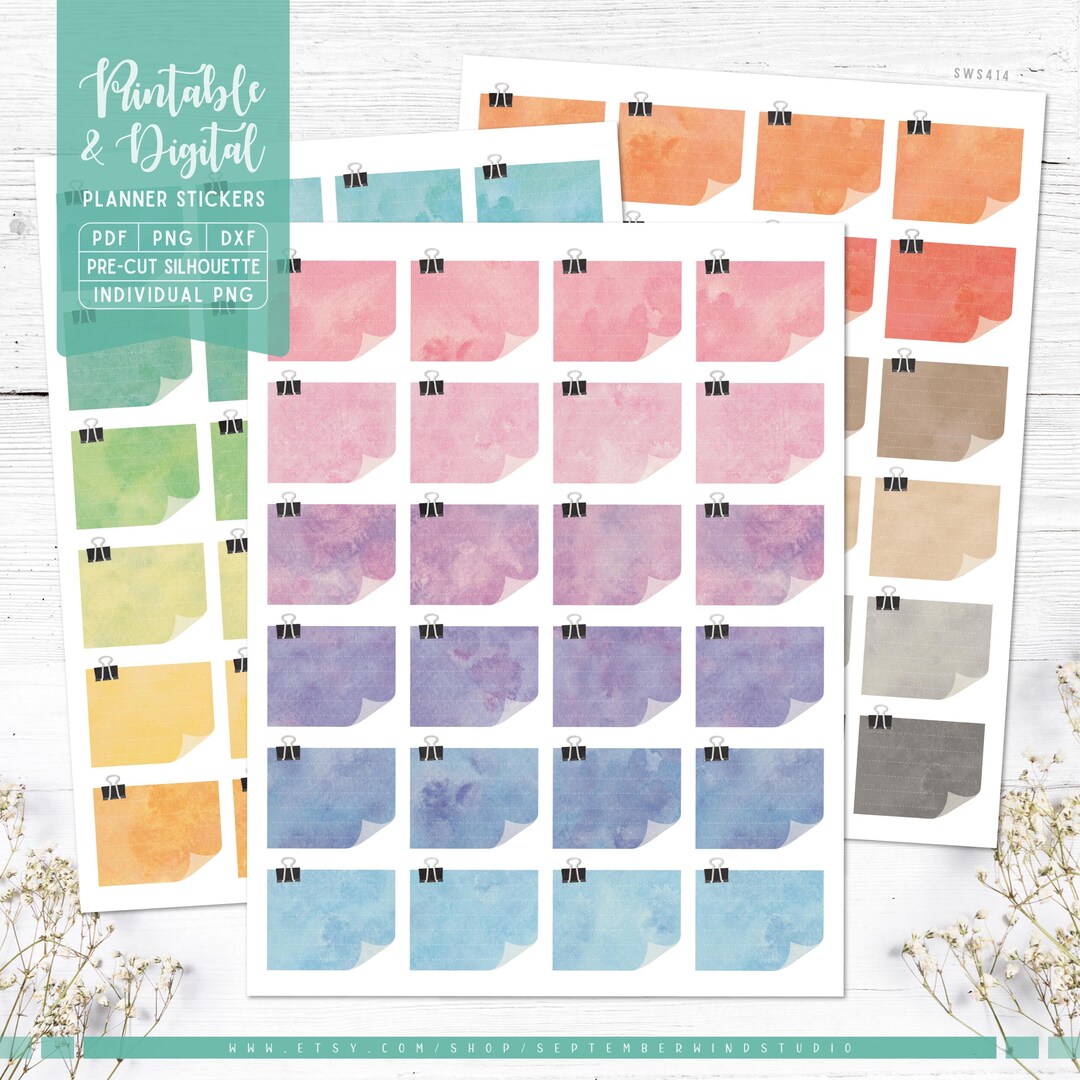 Watercolor Sticky Note Planner Stickers, Printable & Digital (PDF, PNG ...