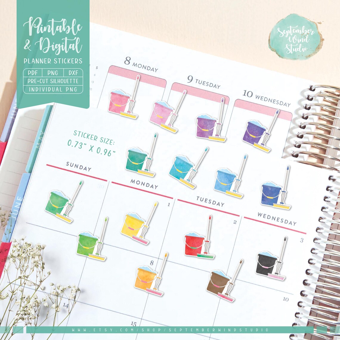 Mop Floor Cleaning Stickers, Planner Stickers (printable PDF, PNG) - Etsy