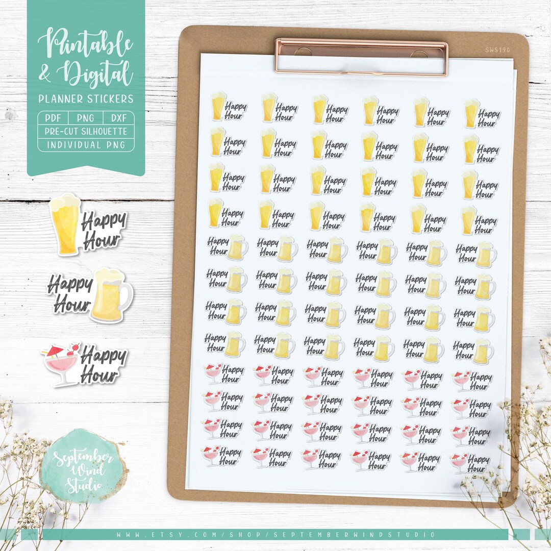 Happy Hour Printable Planner Stickers, Happy Hour Digital Stickers, Pre ...