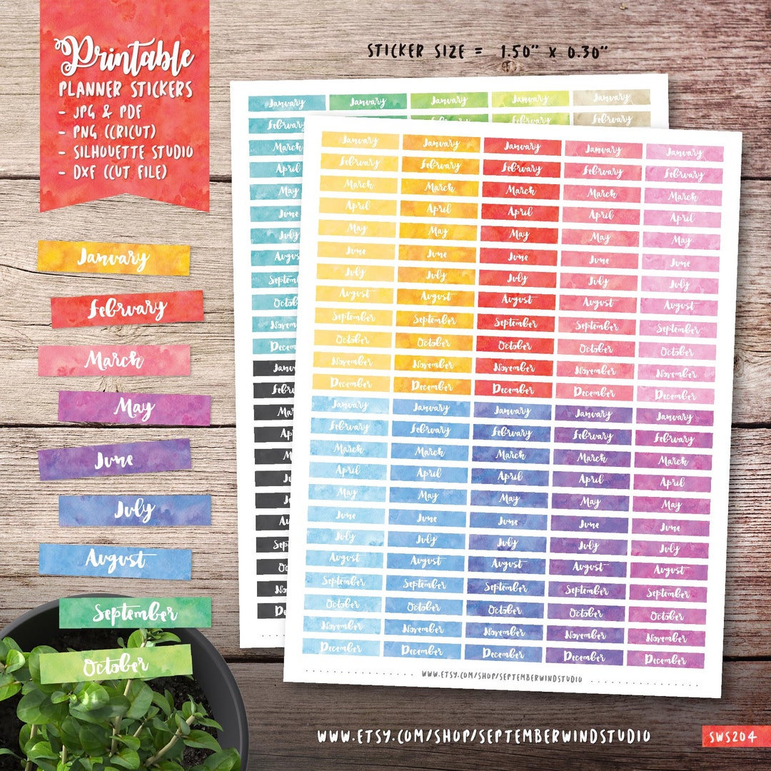 Months Printable Planner Stickers, Months Stickers, Watercolor Stickers ...