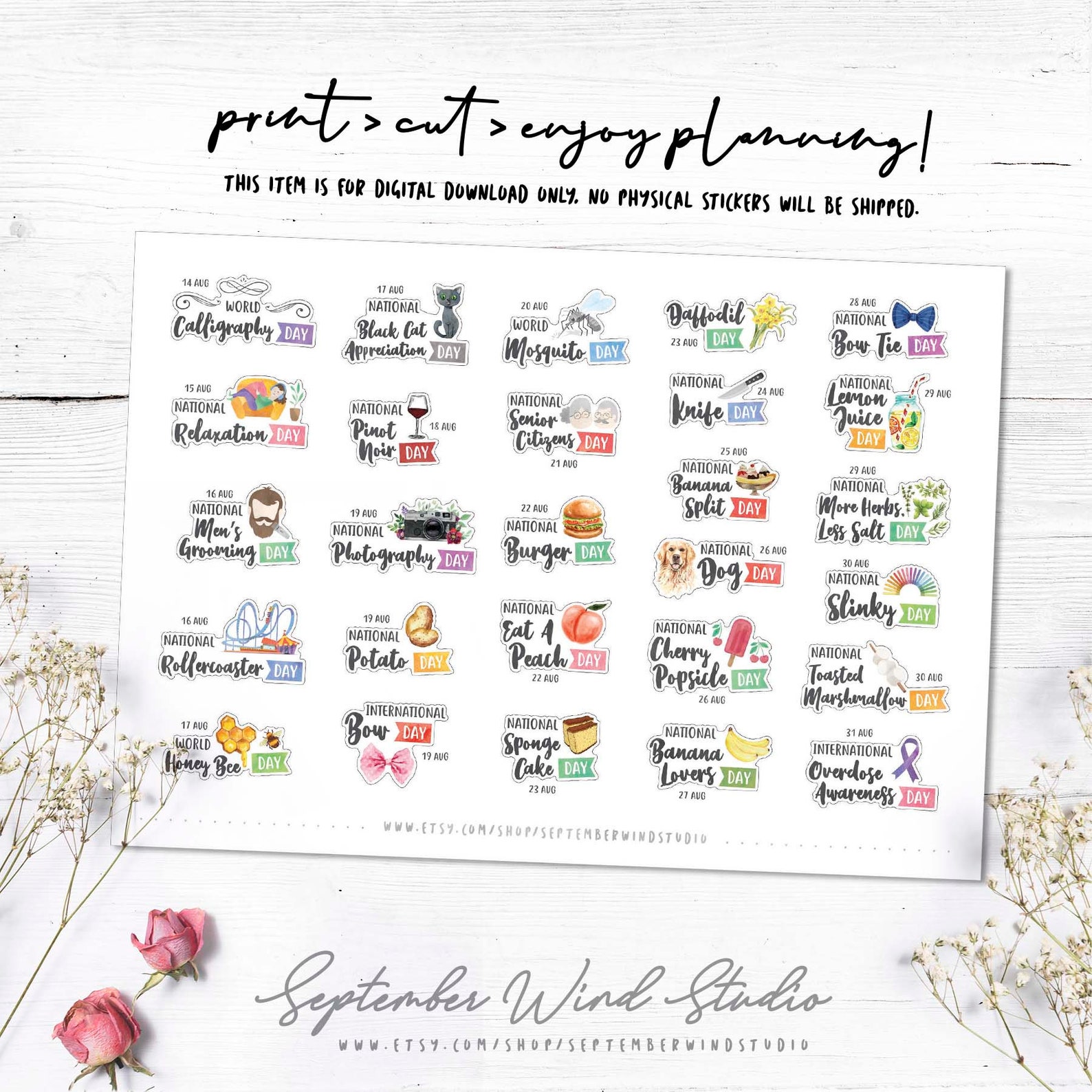 August Wacky Holidays Printable Planner Stickers Watercolor - Etsy