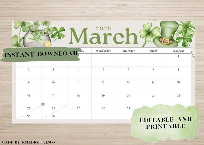 EDITABLE March 2025 Calendar, Instant Download, Printable, Canva Link ...
