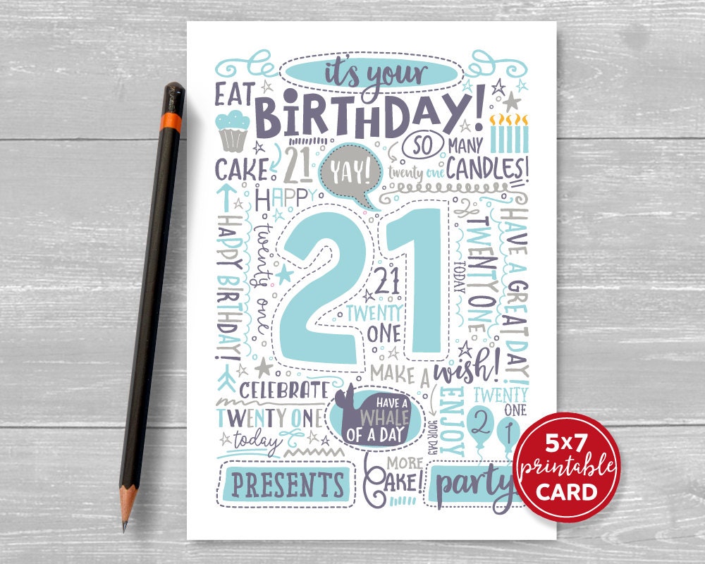 Printable 21st Birthday Card Doodled Twenty One Birthday - Etsy