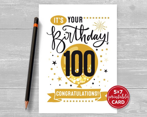 Printable 100th Birthday Card Congratulations One Hundred Etsy Uk