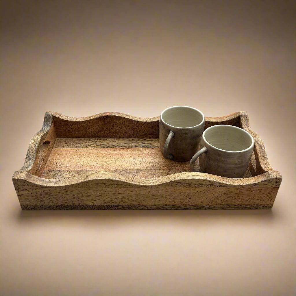 Wavy Edge Solid Mango Wood Tray With Cut Out Handles. 3 Sizes Available ...