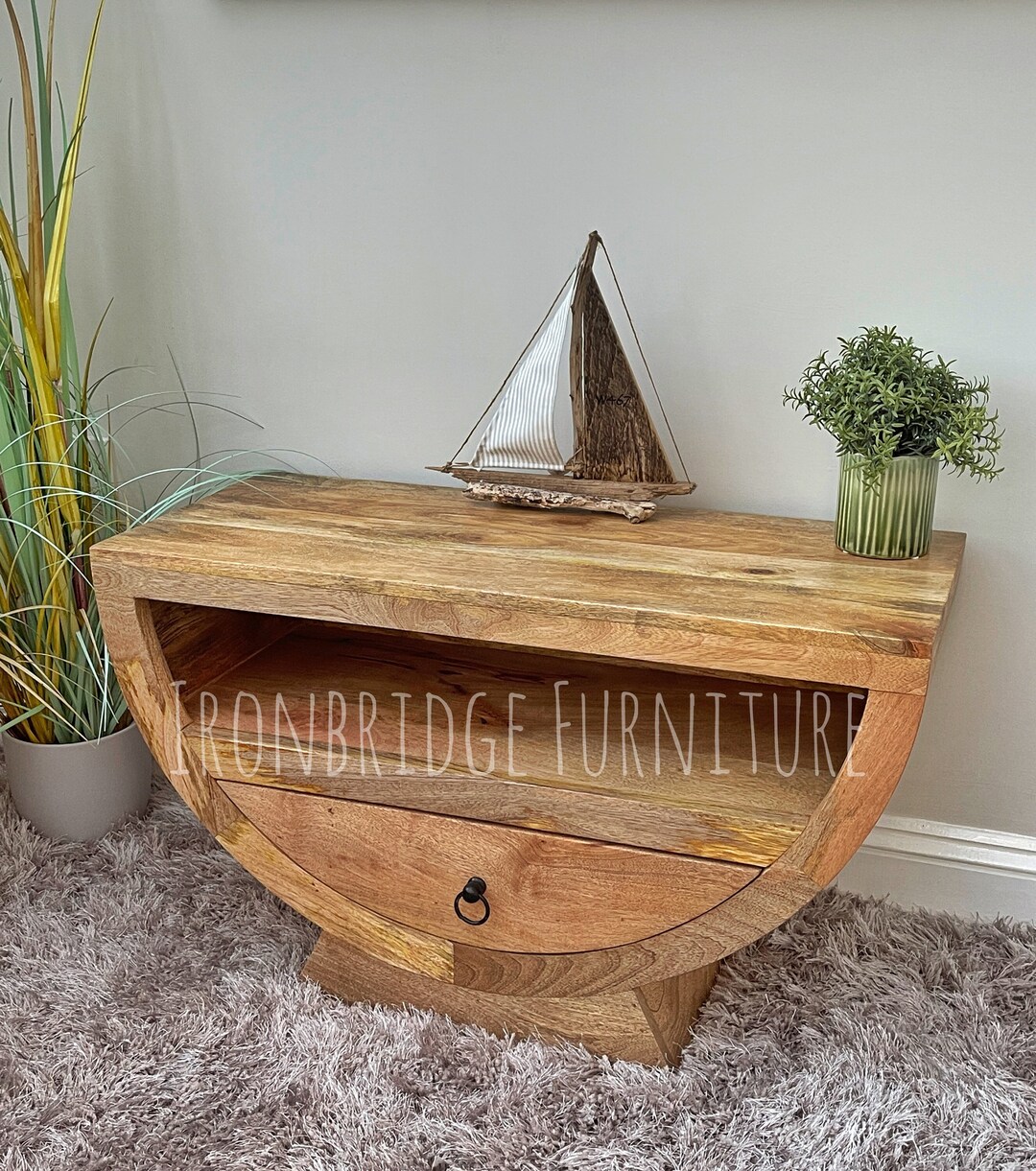Solid Natural Mango Wood Half Moon TV Cabinet Storage Unit 90cm Wide ...
