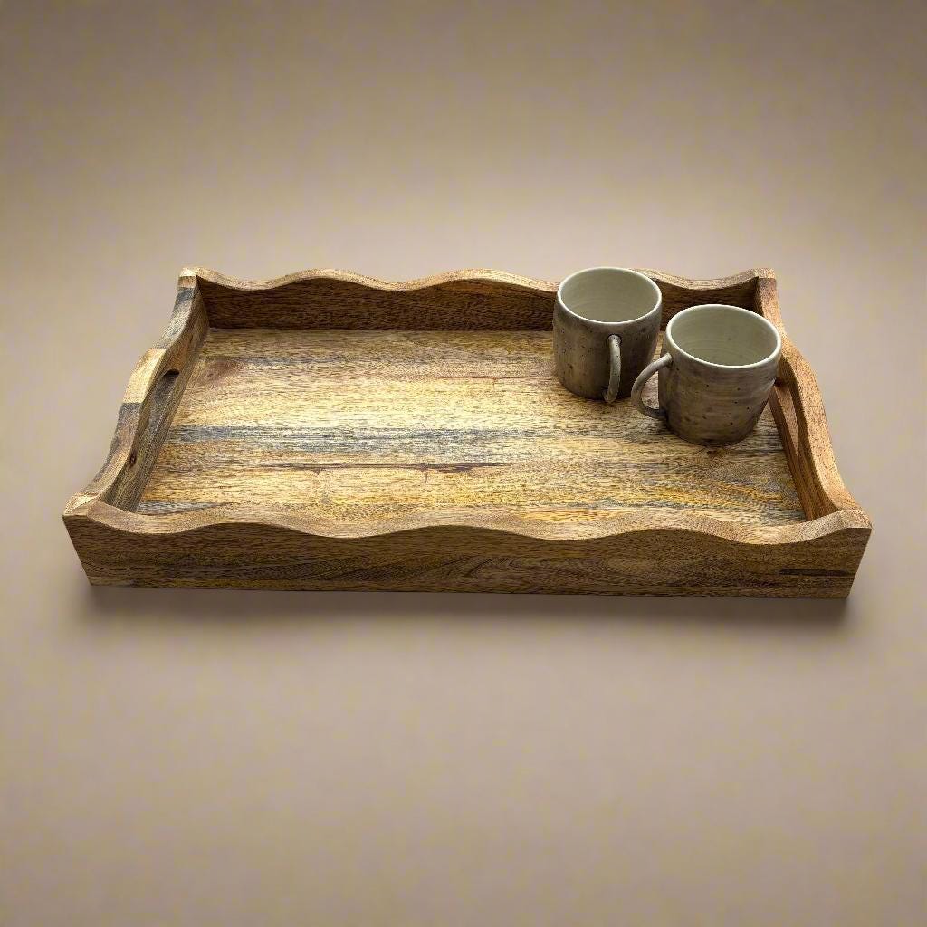 Wavy Edge Solid Mango Wood Tray With Cut Out Handles. 3 Sizes Available ...