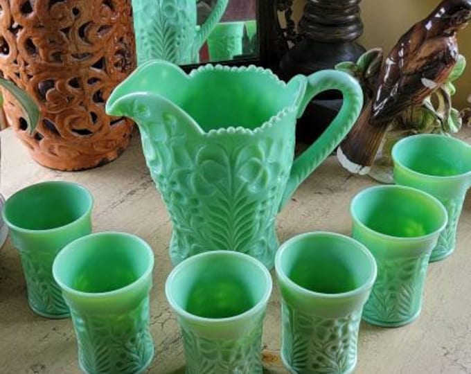 Vintage Jadeite Pitcher and Tumblers; Jade Milk Glass; L E Smith ...