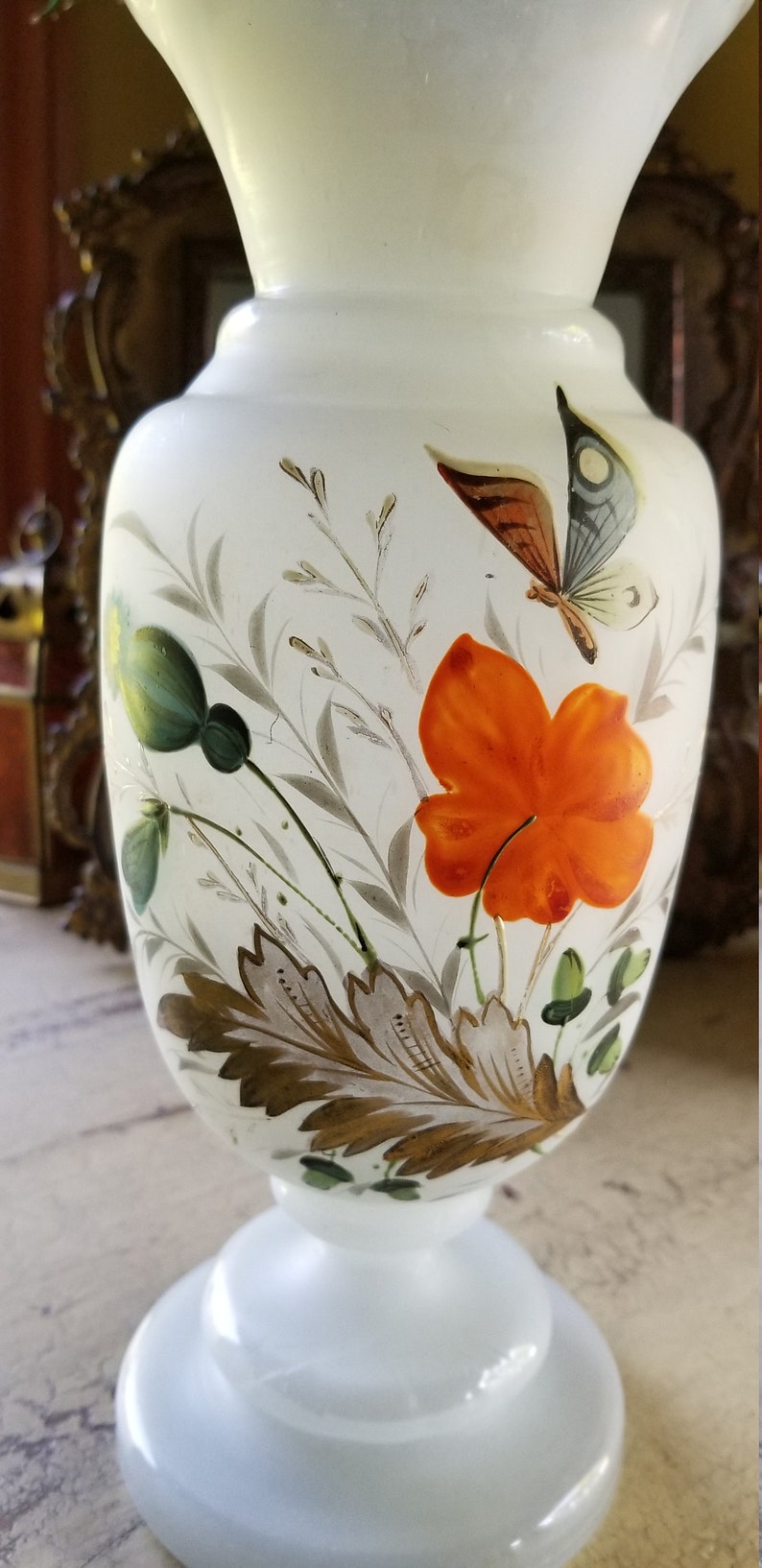 Translucent Milk Glass Vase; Hand Painted Butterfly Scene; C 1920s - Etsy
