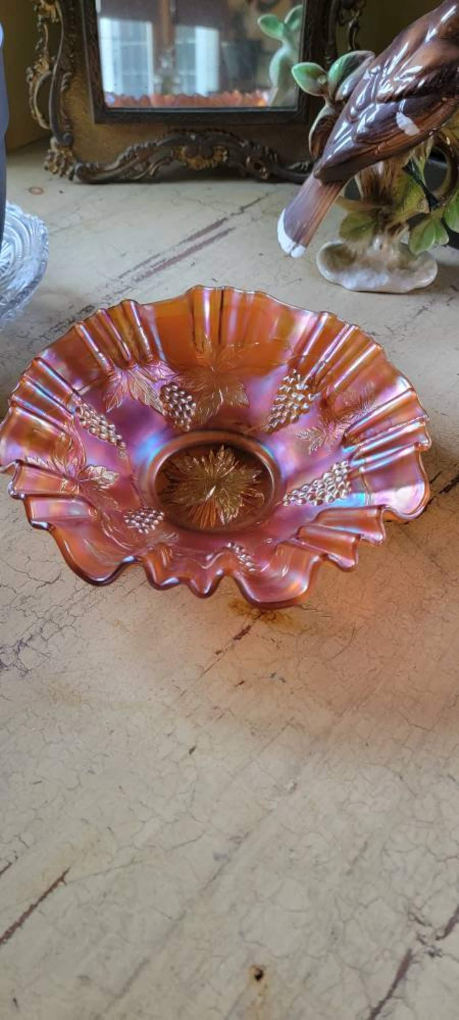 Marigold Iridescent Carnival Glass Bowl grapes and Maple - Etsy