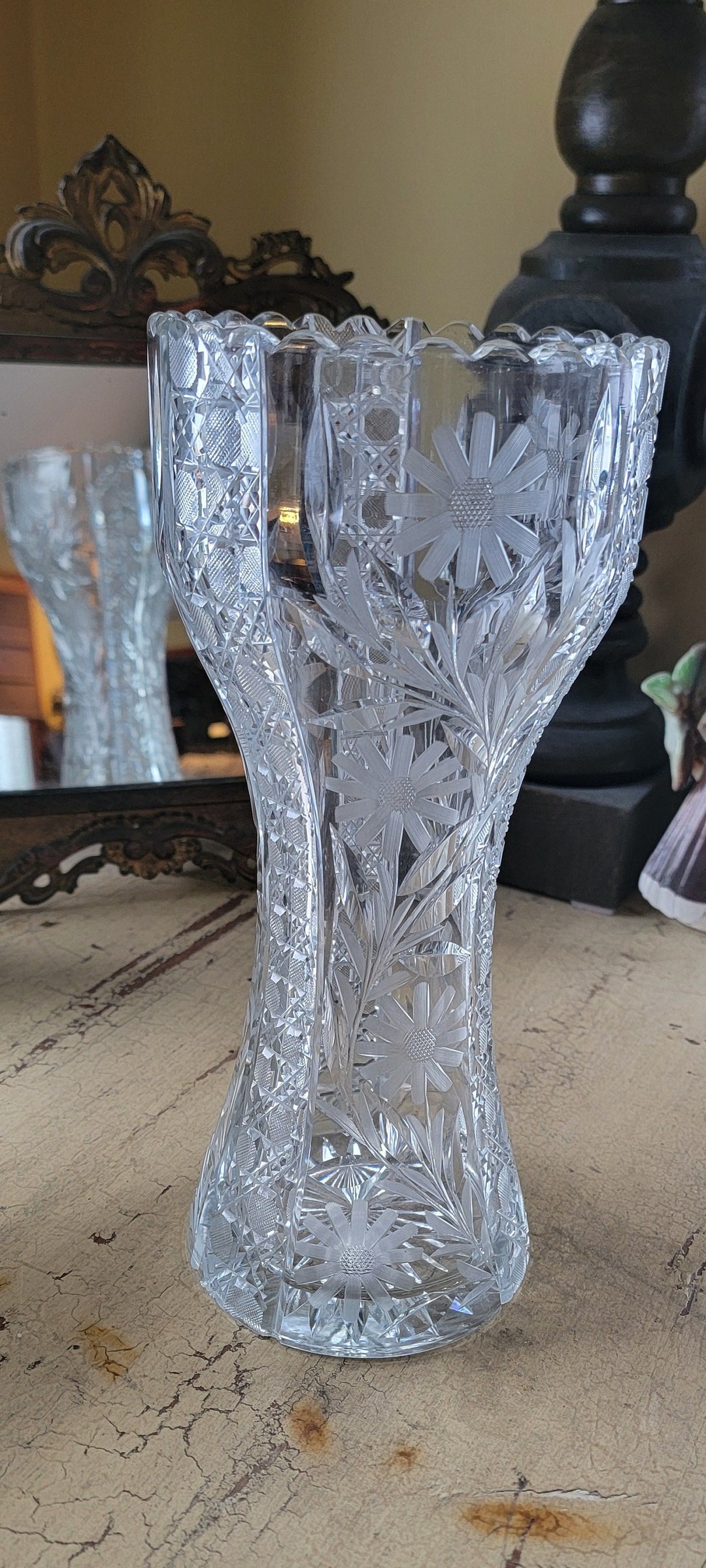 Victorian Floral Etched Vase; Heavy Cut Glass With Decorative Cut Glass ...
