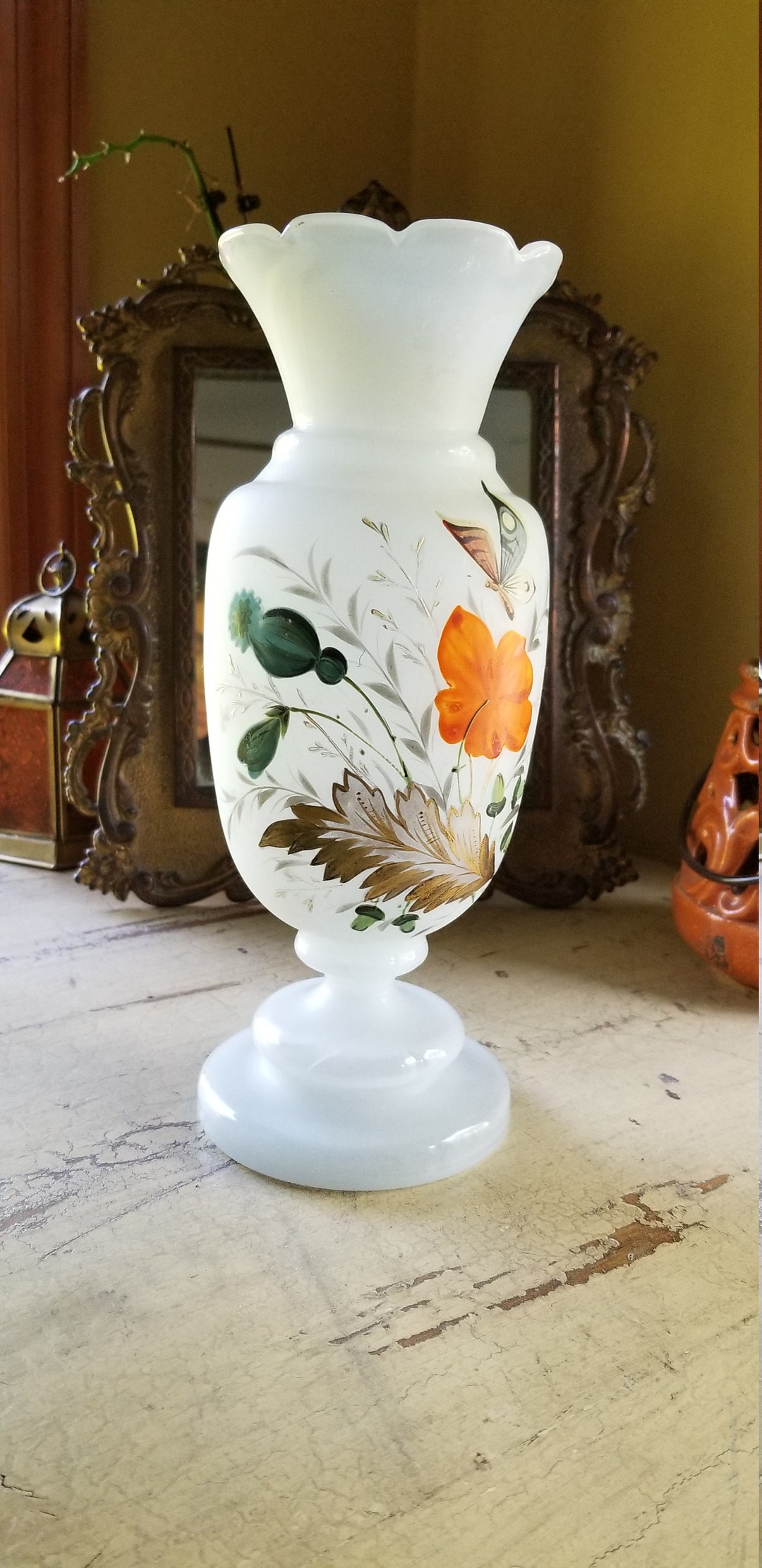 Translucent Milk Glass Vase; Hand Painted Butterfly Scene; C 1920s - Etsy