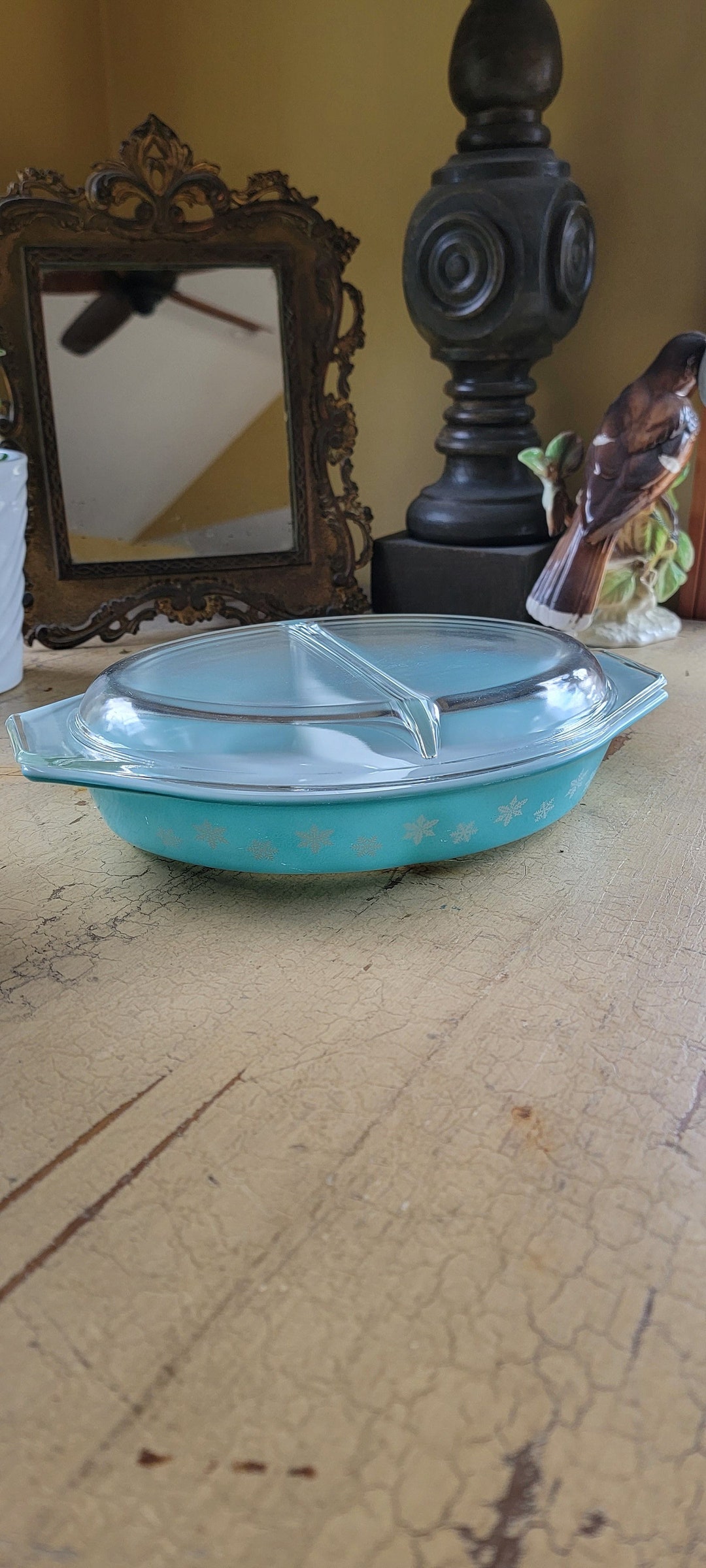 Pyrex 12" Oval Covered Divided Vegetable Snowflake Turquoise - Etsy