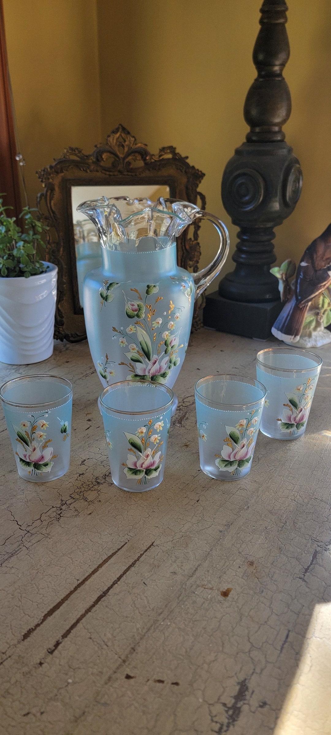 Vintage Victorian Era Hand Blown Glass; Hand Paintpainted; Iced Tea Set ...