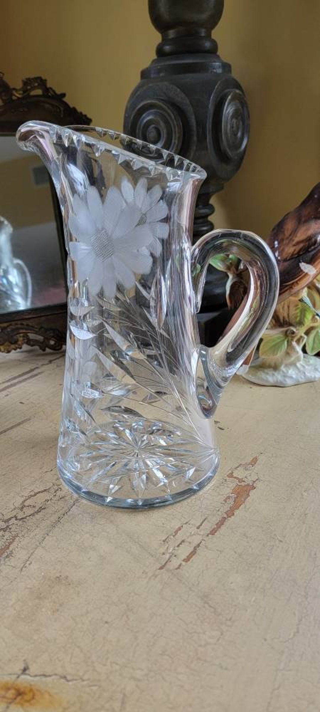 Vintage Etched Tanker Pitcher; Heavy Cut Glass Pitcher - Etsy