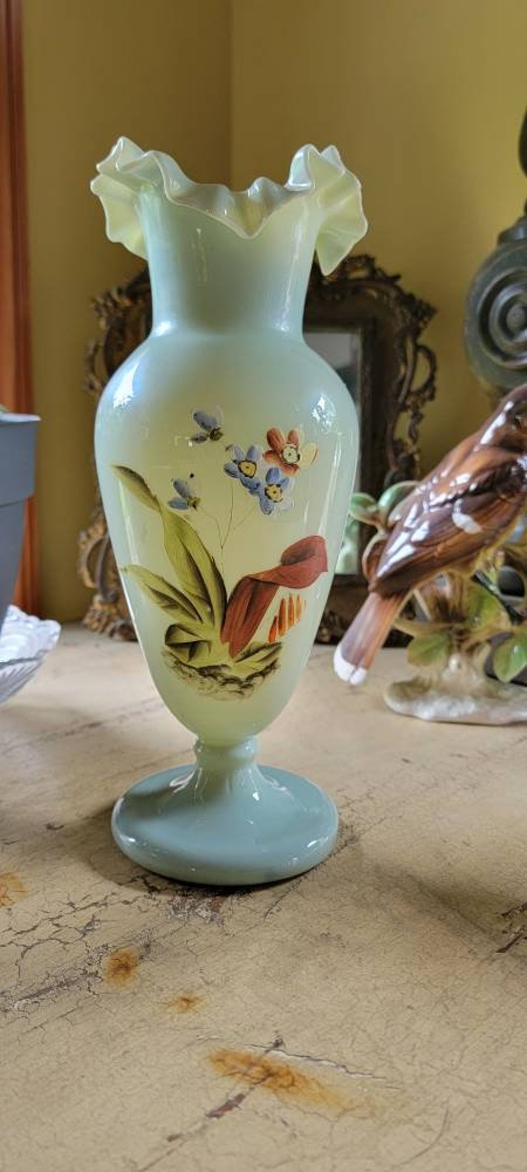Translucent Milk Glass Vase; Hand Painted Butterfly Scene; C 1920s - Etsy