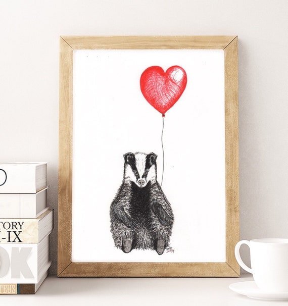 Badger art print heart shaped balloon valentines wildlife | Etsy