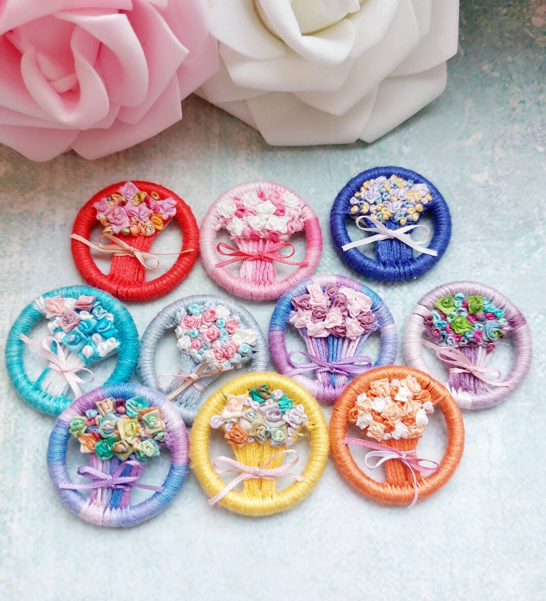 Set of Dorset Buttons, a Bunch of Roses 3,5 Cm, Brooches, Flowers 10 ...