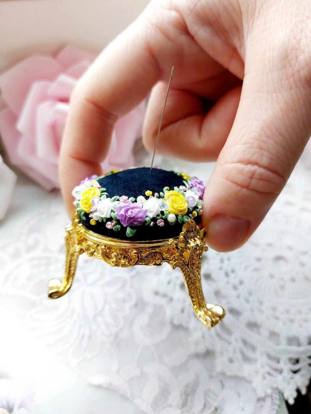 Mini Sewing Pin Cushion, Rococo Style, Special Gift for Knitter, Retro ...