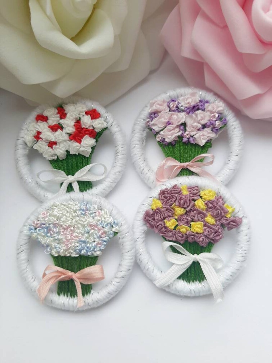 Set of Dorset Buttons, a Bunch of Roses 1.57 Inch/ 4cm, Unique Brooches ...