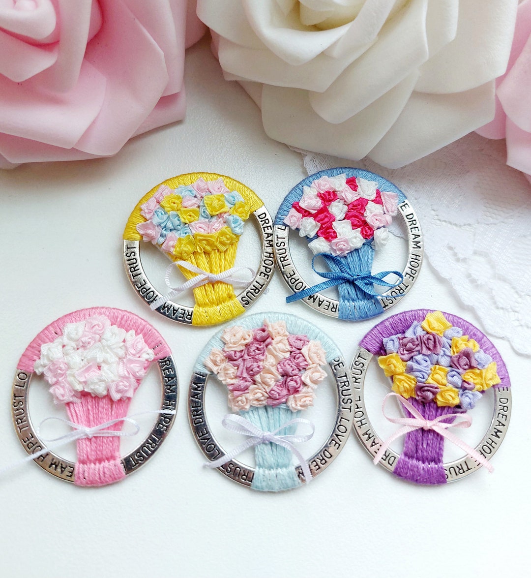 Handmade Dorset Button Brooches, Silk Rose Bouquet, Floral Jewelry, 5 ...