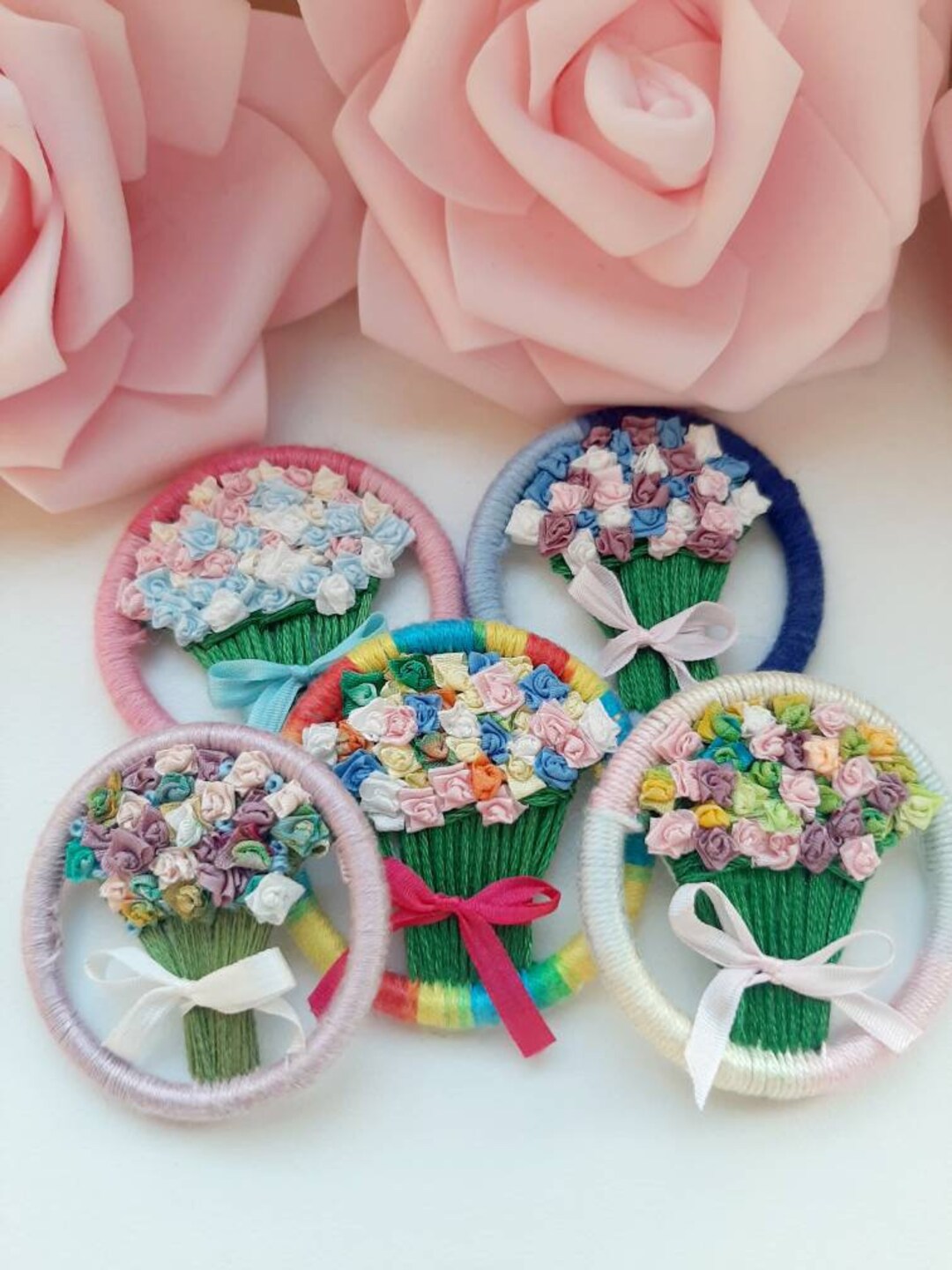 Set of Dorset Buttons, a Bunch of Roses 1.57 Inch/ 4cm, Unique Brooches ...