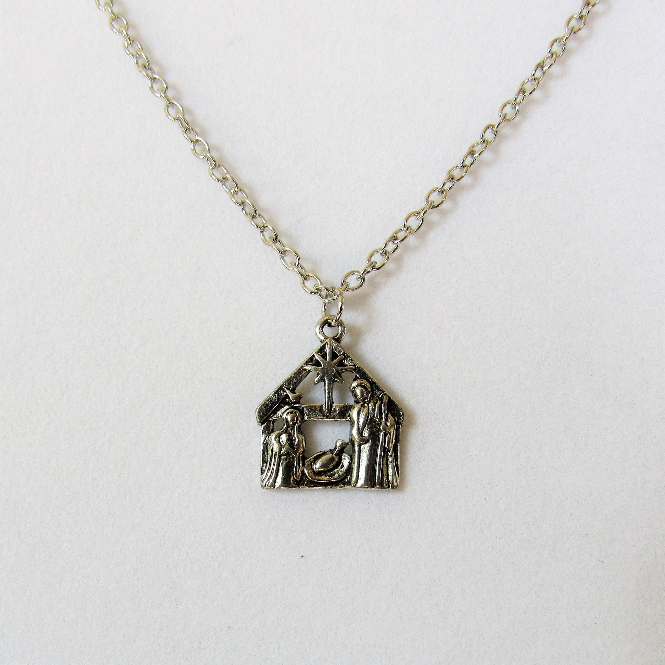 Pewter Nativity Necklace Nativity Necklace Antique Silver Chain 18 Inch Chain Nickel Free