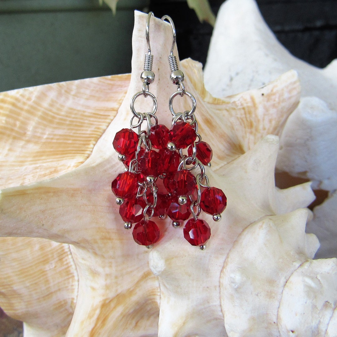 Ruby Cluster Earrings, Red Clusters, Ruby Colored, Red Faceted Glass ...