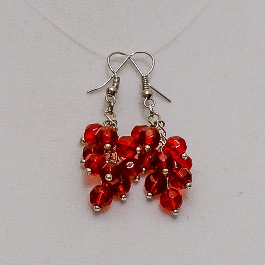 Ruby Cluster Earrings, Red Clusters, Ruby Colored, Red Faceted Glass ...