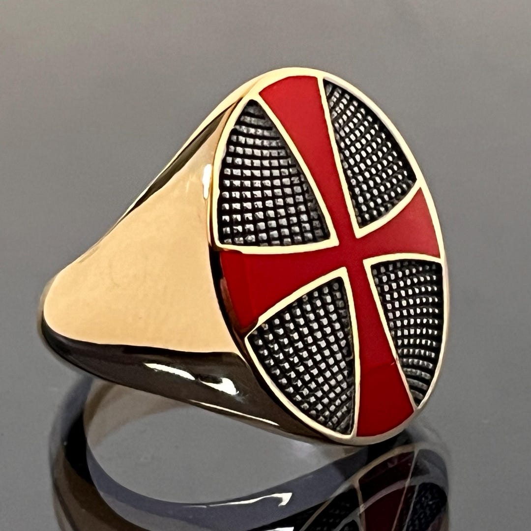 Solid Gold Templar Cross Ring: Red Enamel Medieval Signet - Etsy