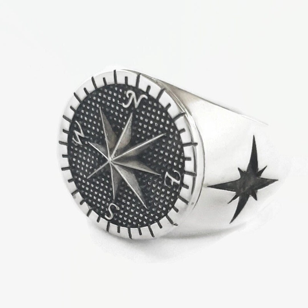Sterling Silver Compass Ring: Medieval Nautical Design, Black Oxidized ...