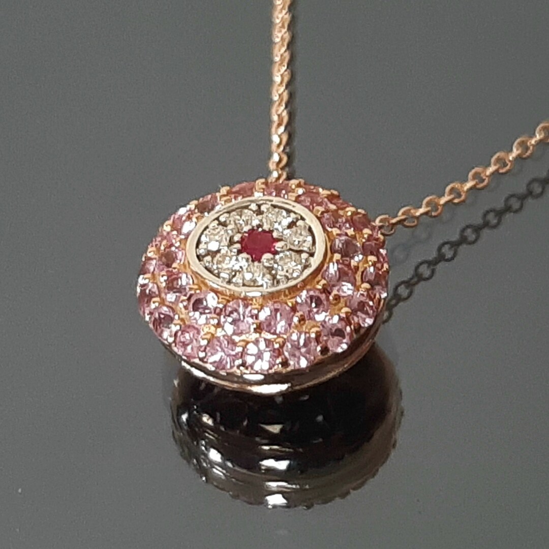 K18 Gold Pink Sapphire Diamond Eye Pendant - Hand-made Eye Charm ...