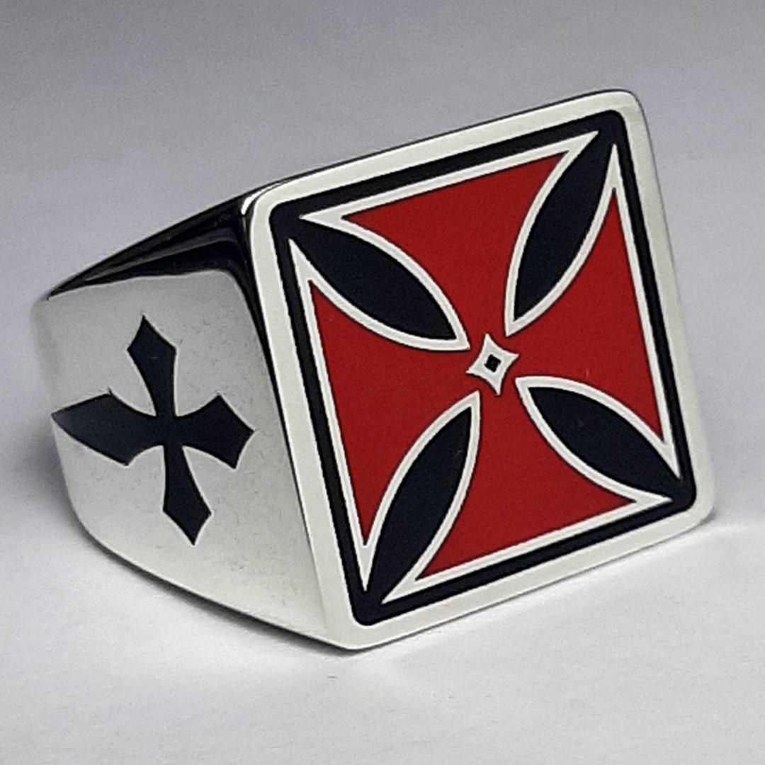 Sterling Silver Knights Templar Ring: Red Malta Cross, Medieval Sword ...