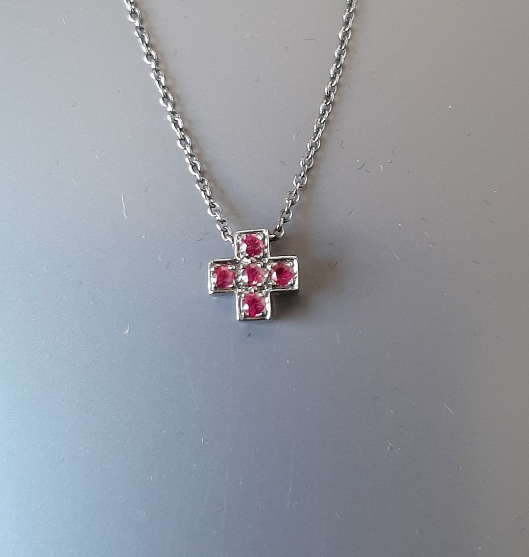 White Gold Cross Pendant: Pink Sapphires, Dainty Necklace - Etsy