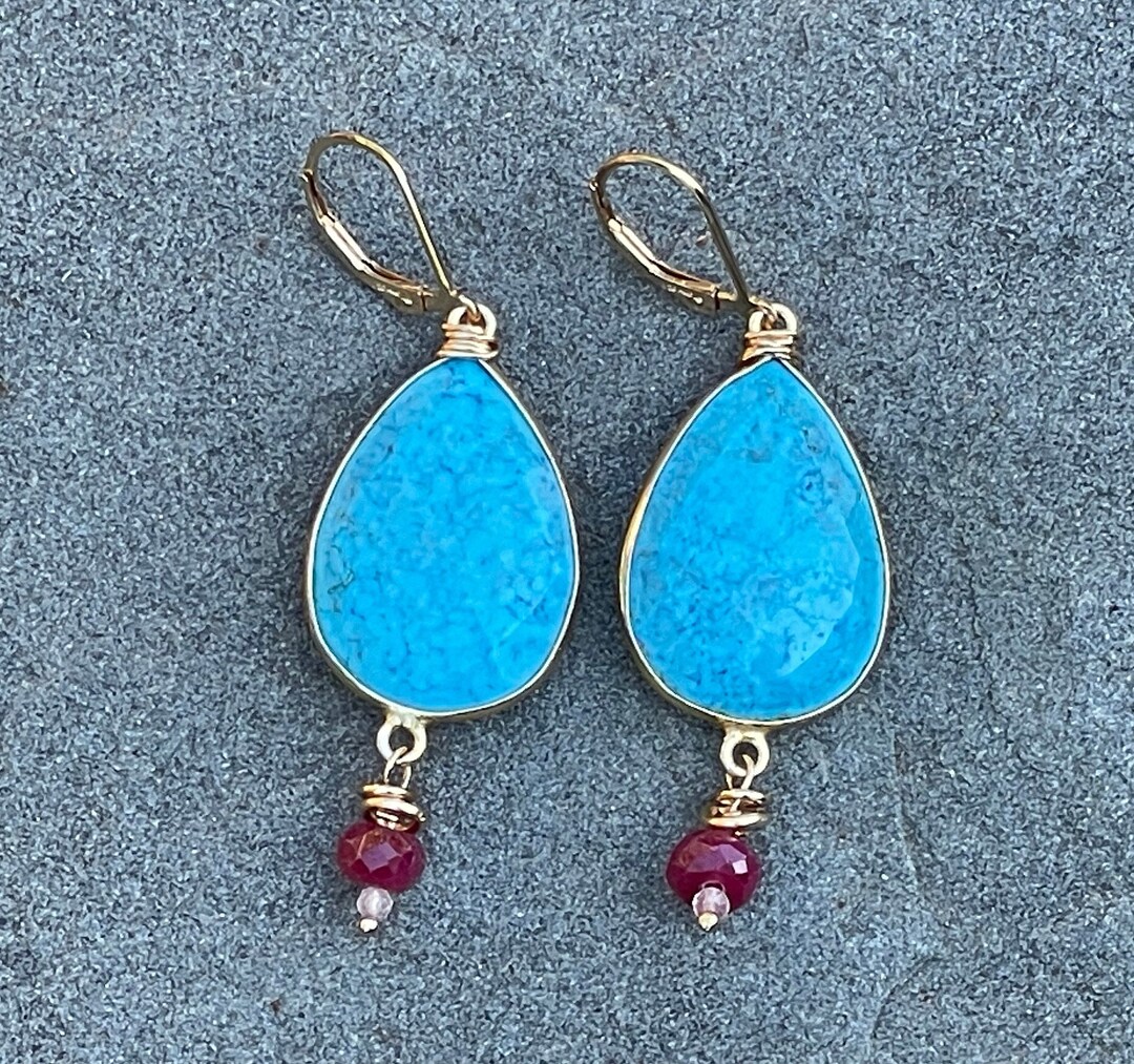 Turquoise Gold Earrings; Turquoise and Ruby Earrings;gold Filled ...