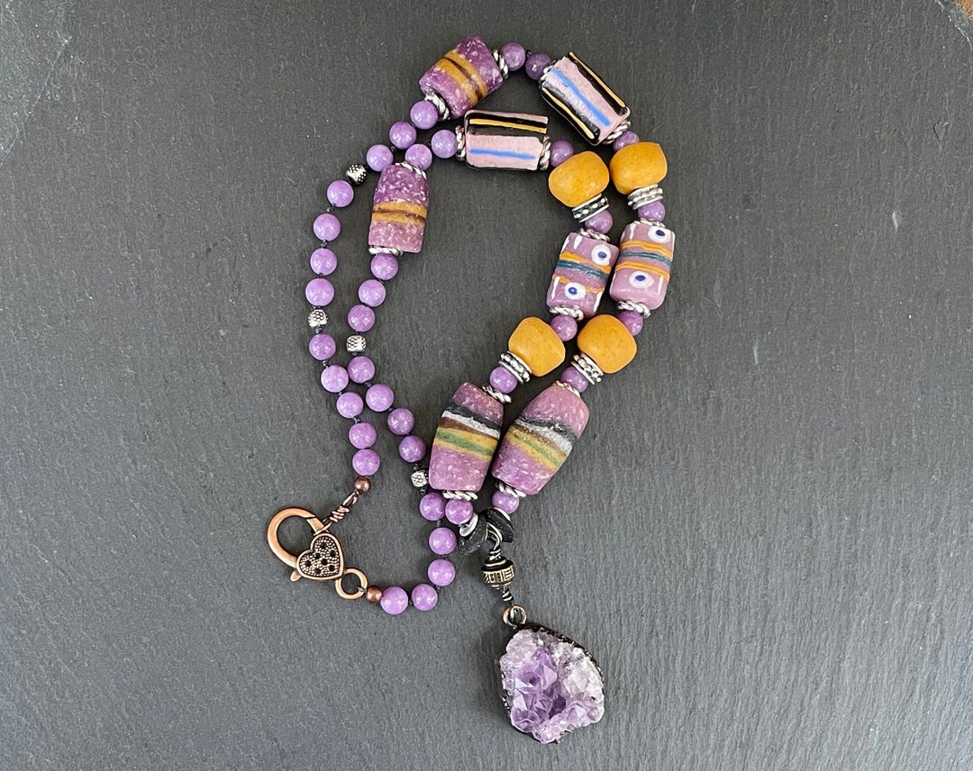 Boho Amethyst Necklace Kunzite Necklace African Glass Bead - Etsy