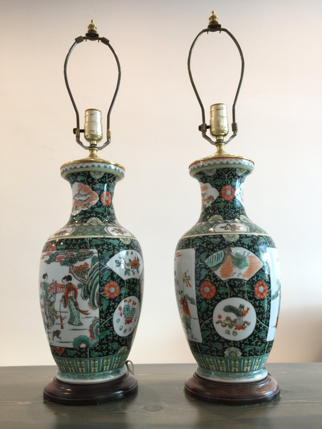 Pair of Asian Inspired Table Lamps Black Teal and Coral | Etsy