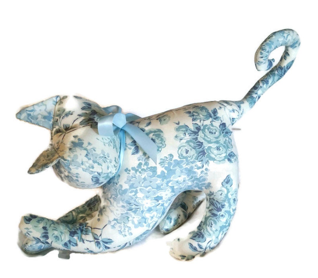 Blue Floral Cat Plushie, Stuffed Animal, Home Decor, Looks Playful ...