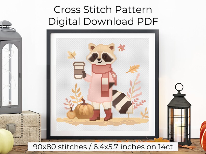 Raccoon Autumn Cross Stitch Pattern: Coffee and Pumpkins (PDF Download ...