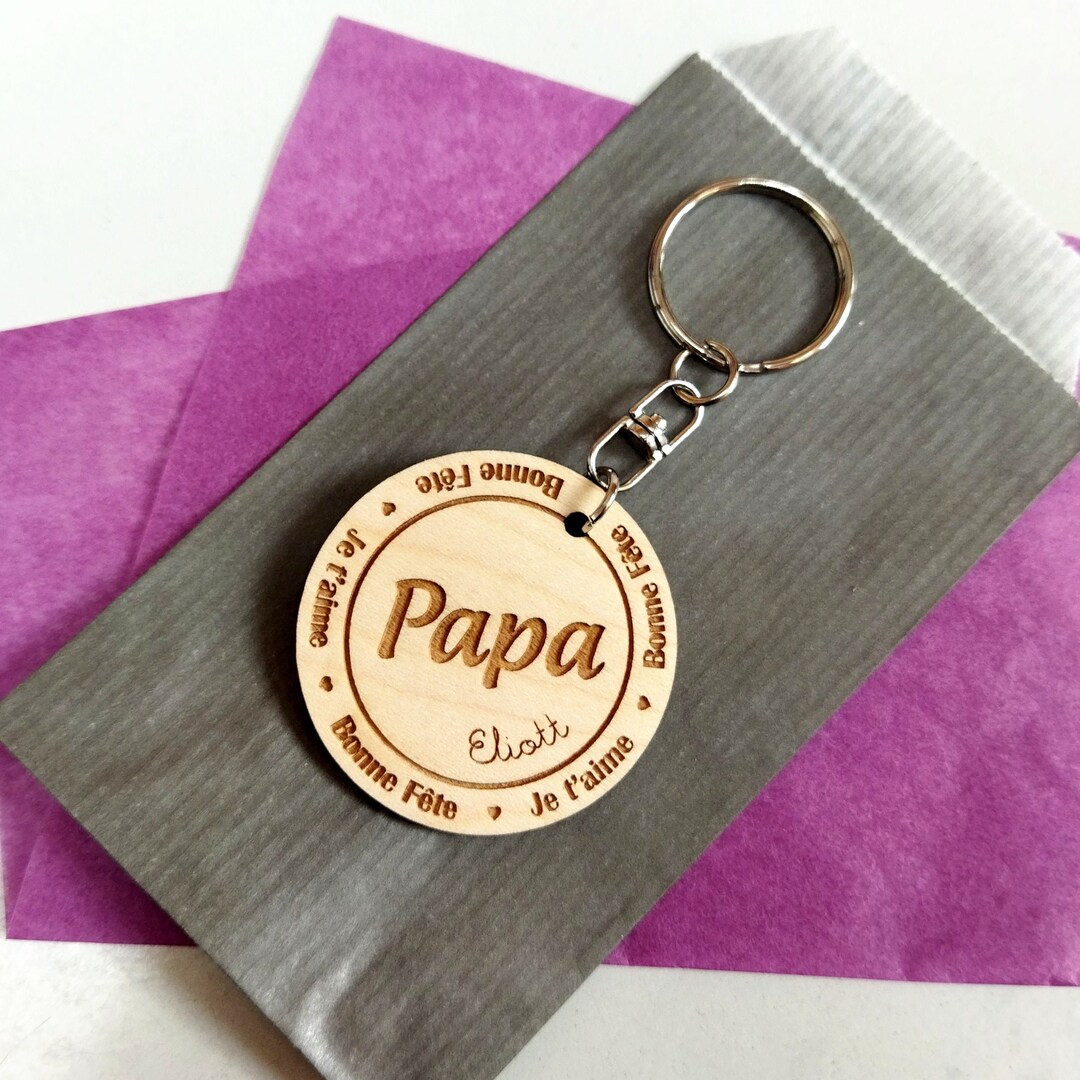Porte-clé rond bois gravé personnalisé – Cadeau original Papa – Fête ...