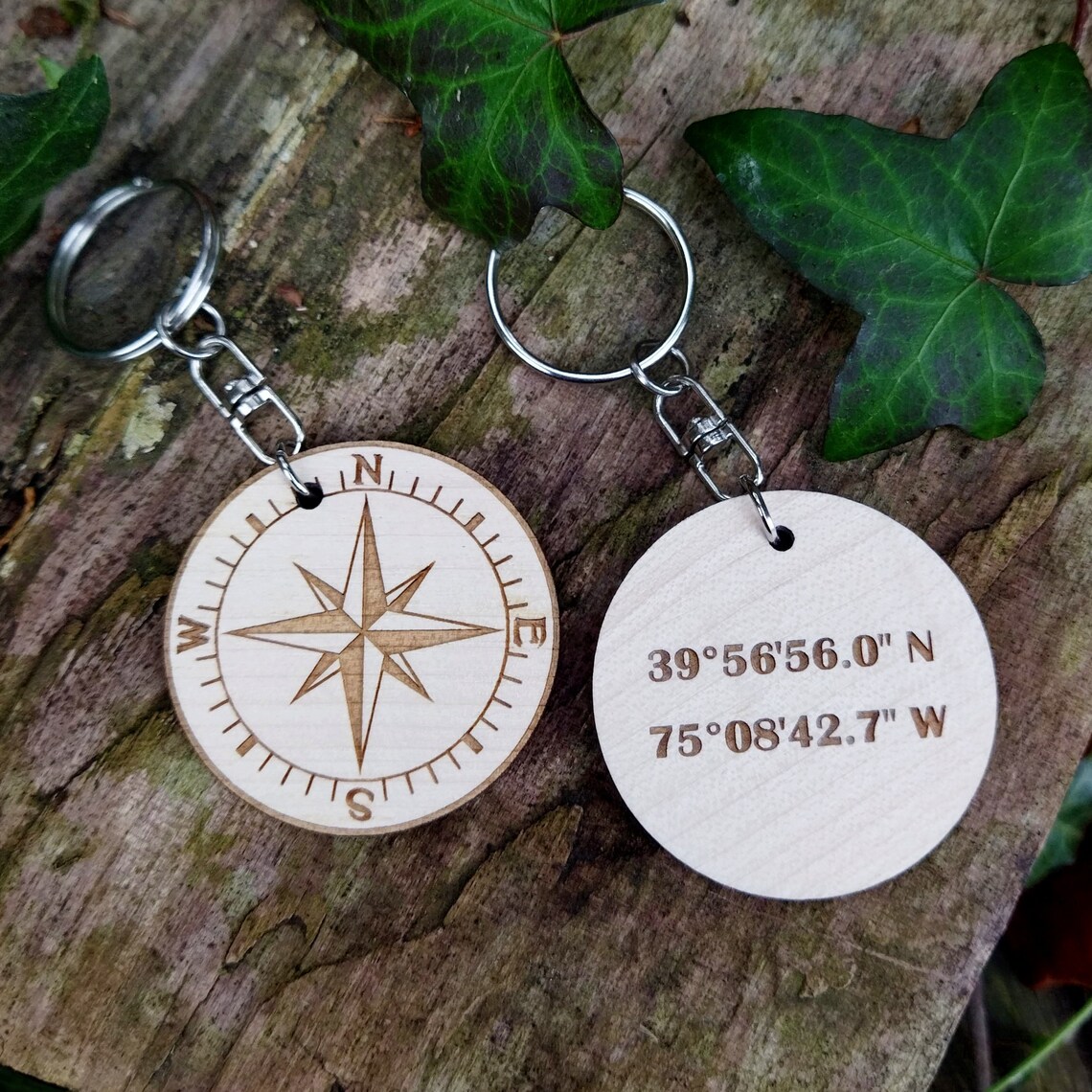 Compass Keychain With Your GPS Coordinates or Custom Text on - Etsy