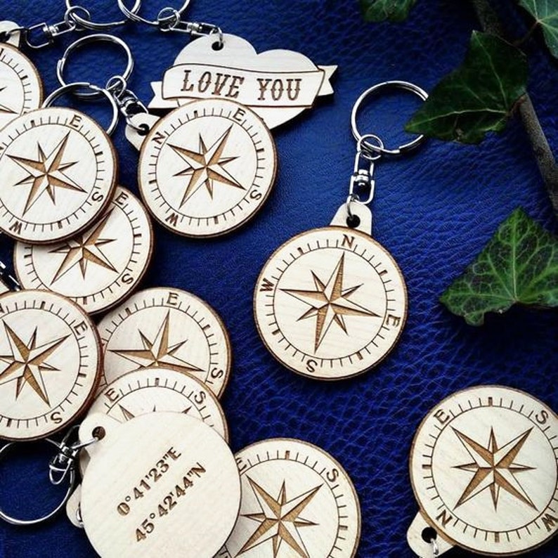 Compass Keychain With Your GPS Coordinates or Custom Text on | Etsy