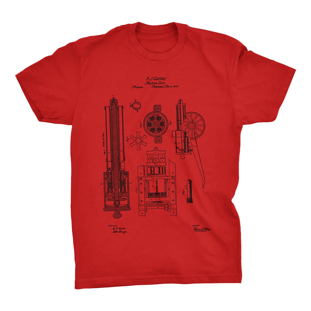 Machine Gun Patent T-shirt. Gatling Gun Blueprint Tee. Printed on Soft ...