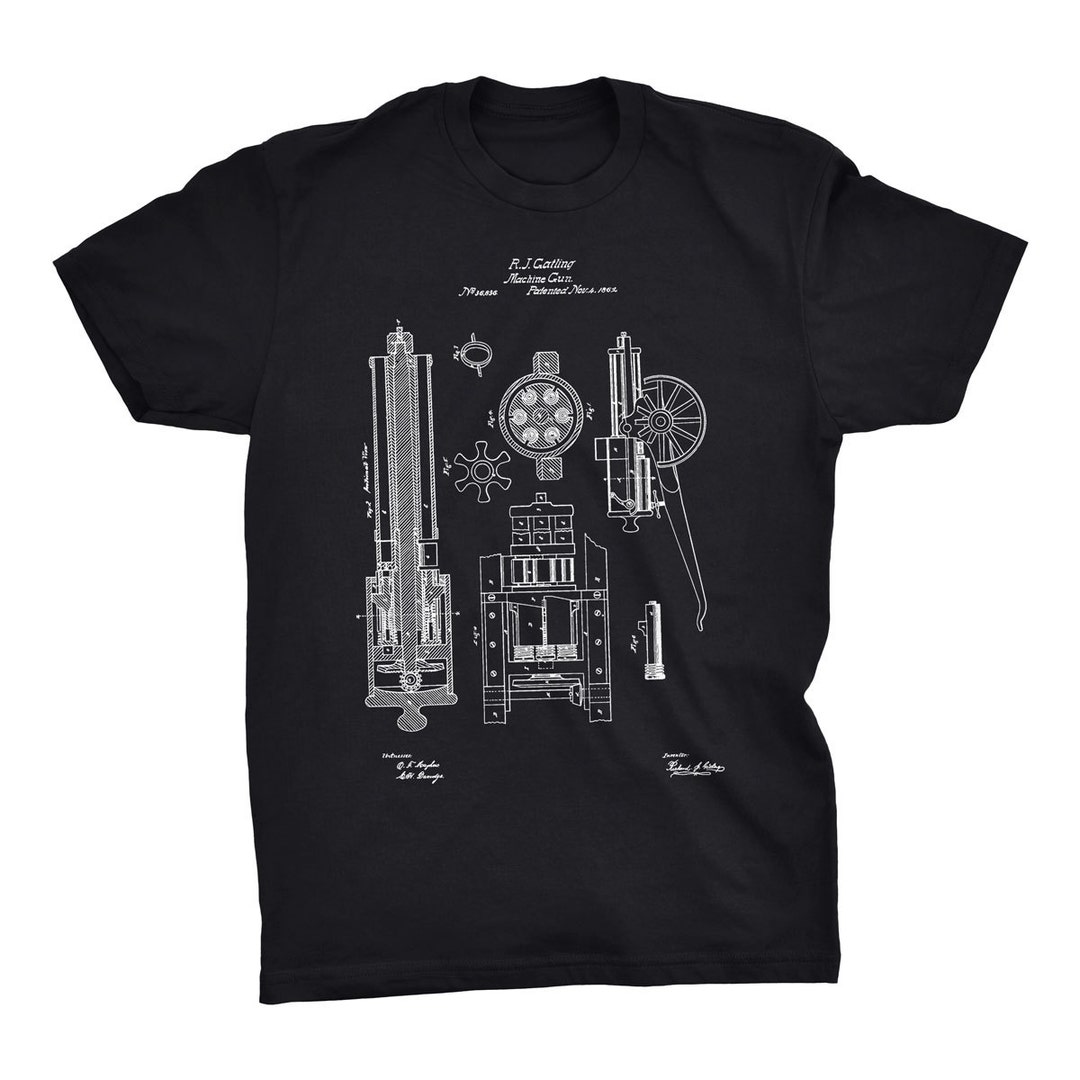 Machine Gun Patent T-shirt. Gatling Gun Blueprint Tee. Printed on Soft ...