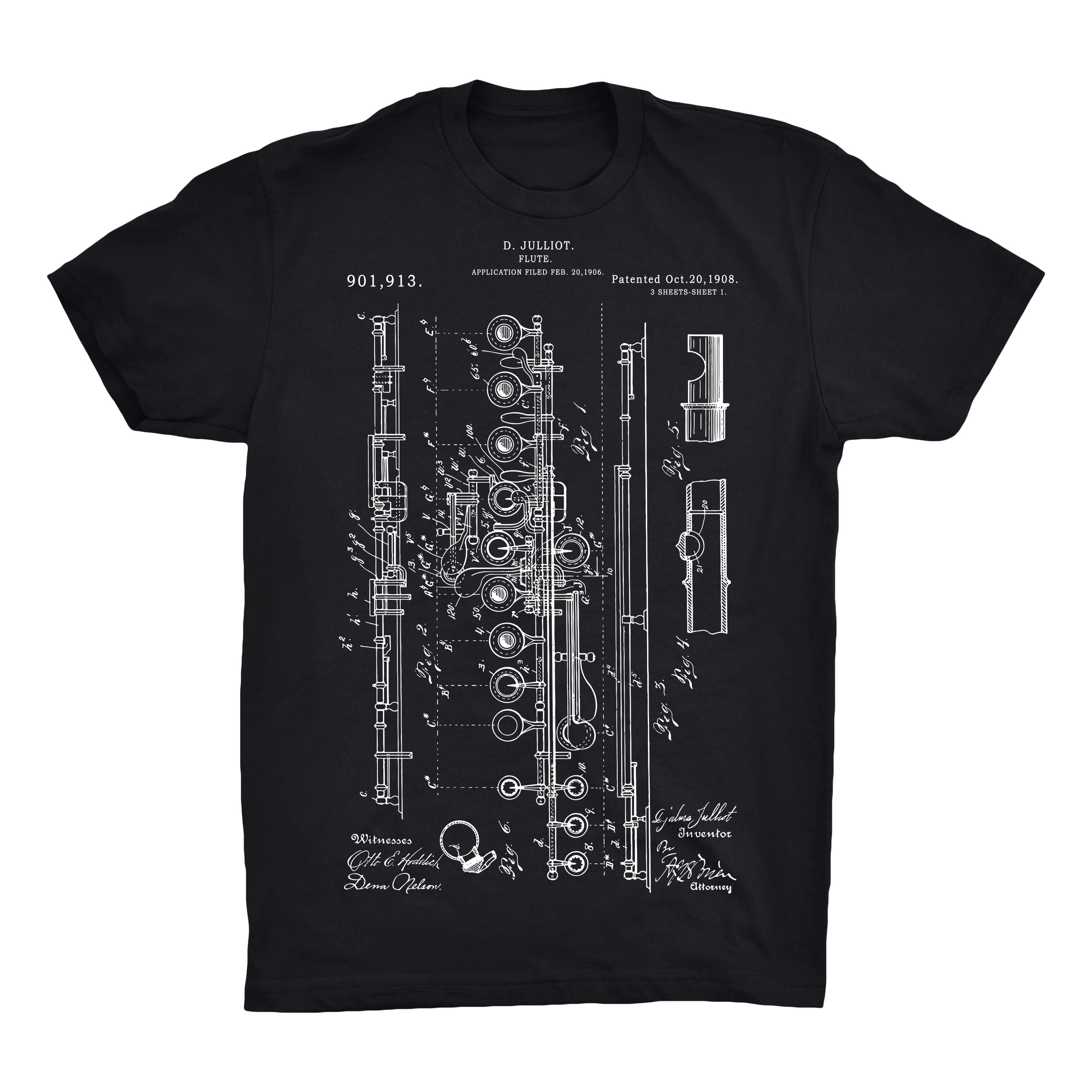 Flute Patent T-shirt on Black Red White or Gray 100% Soft - Etsy