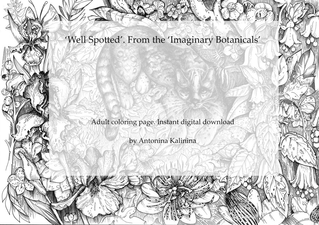 Well Spotted. Adult Coloring Page With a Wild Cat and Tropical Flowers ...