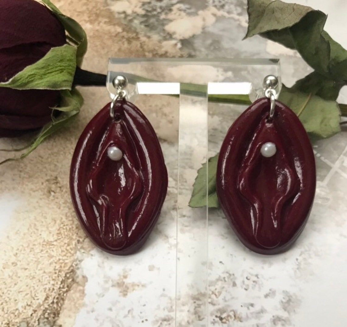 Vulva Earrings Burgundy Polymer Clay Vagina Dangles Feminist | Etsy