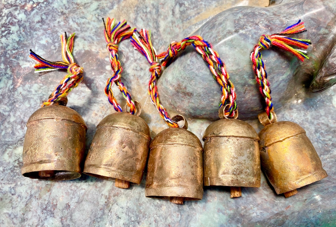 Set of 5 Rustic Garden Bells~old World Copper Bells on Colorful Jute ...