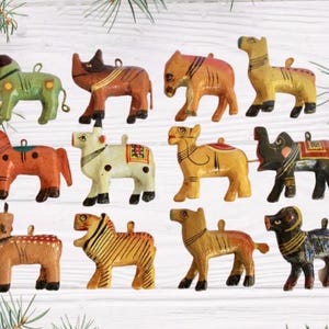 Set of 12- Wooden Animal Figurines- Hand Carved & Painted Animals ...