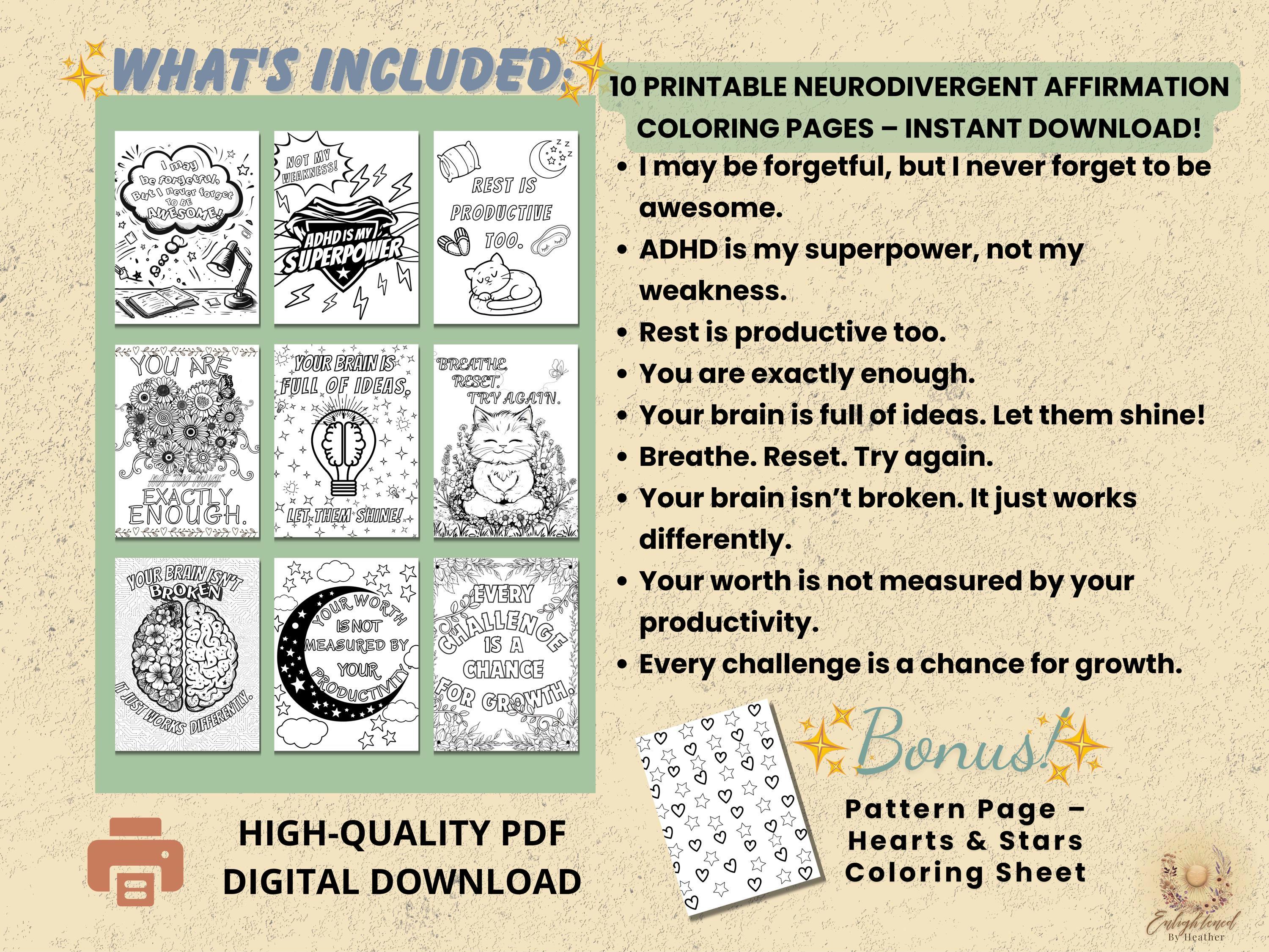 ADHD Affirmation Coloring Pages: Neurodivergent Mental Health (PDF) - Etsy